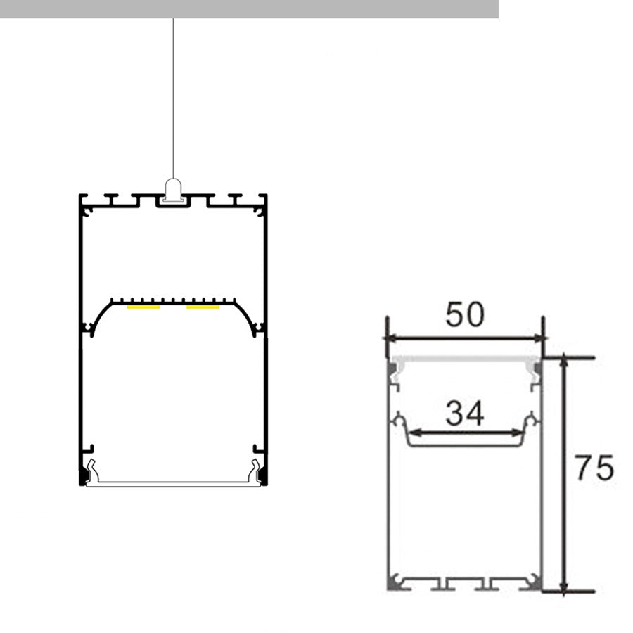 PERFIL ALUMINIO SUSPENSIÓN SUPERFICIE GRANDE 75 x 50mm – LedyLuz
